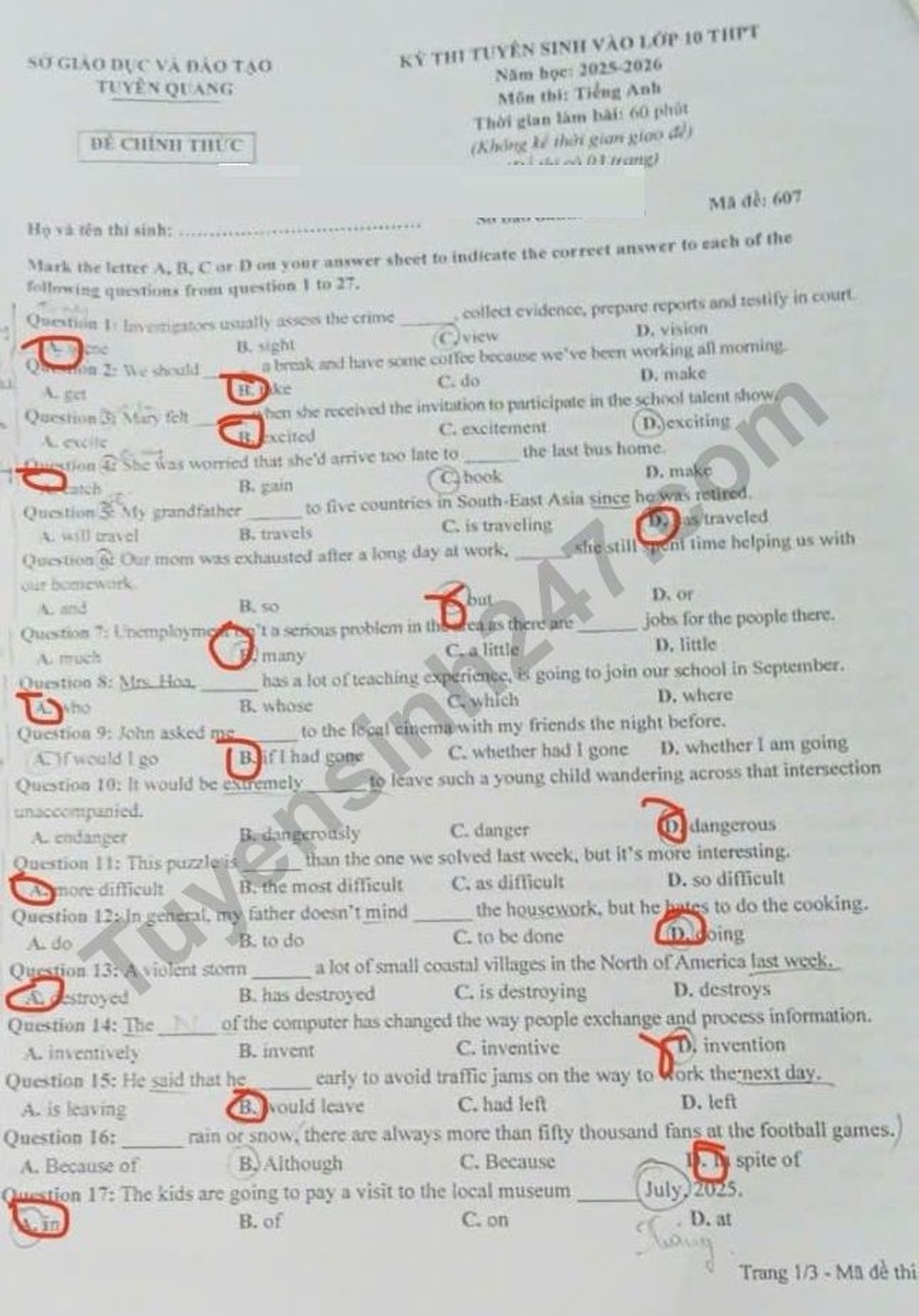 Đề thi và đáp án môn tiếng Anh vào lớp 10 tỉnh Tuyên Quang năm 2025 | Báo Dân trí