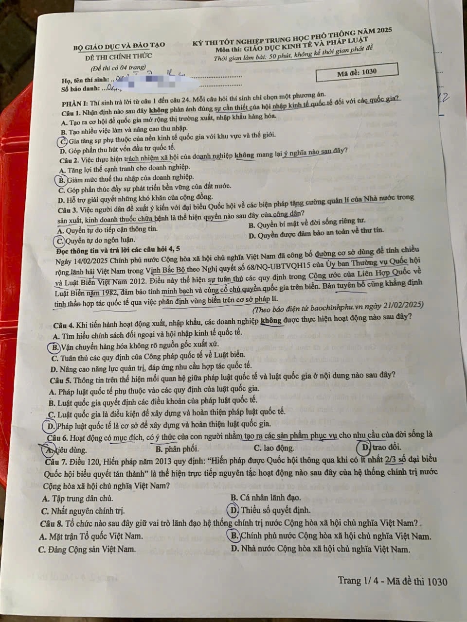 Đề thi tốt nghiệp THPT 2025 môn giáo dục kinh tế và pháp luật | Báo Dân trí