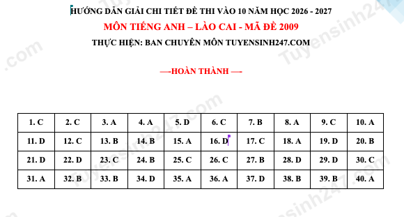 Đáp án, đề thi môn tiếng Anh vào lớp 10 tỉnh Lào Cai năm 2026 | Báo Dân trí